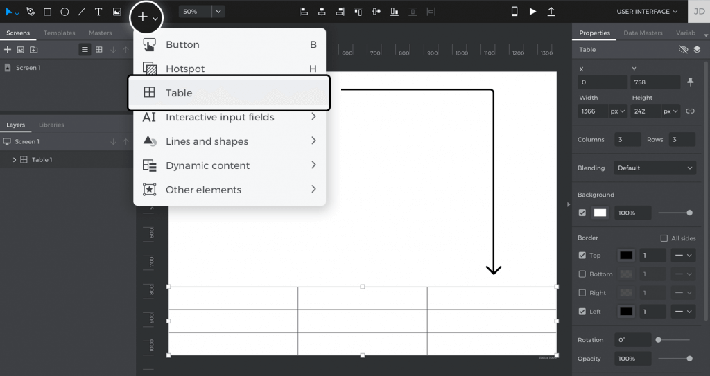 Create a fluid table in Justinmind